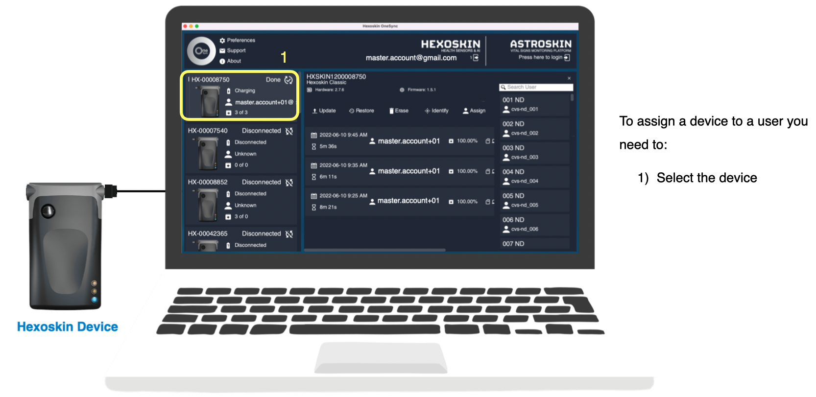 Assignation of a Hexoskin Device to an account