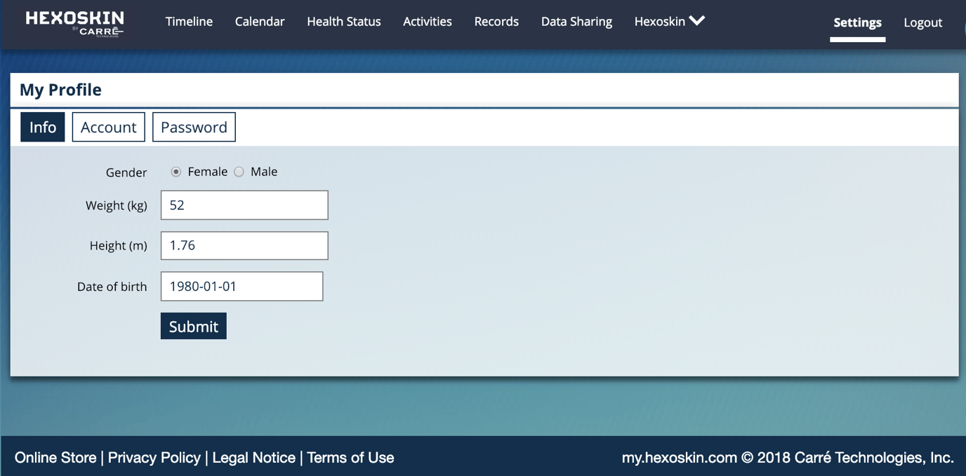 Creating or Modifying Hexoskin profile information